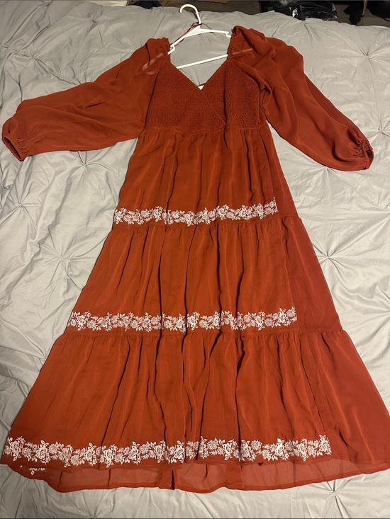 Dresses | Rust Tiered Maxi Dress With White Embroidered Trim | Poshmark